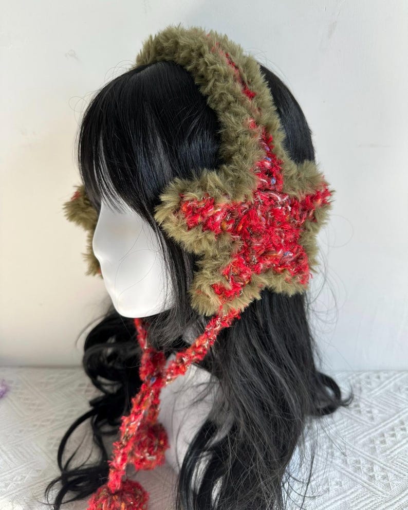 Starlight Cozy Earmuffs – Fluffy Red & Green Star Ear Warmers | Kawaii ...