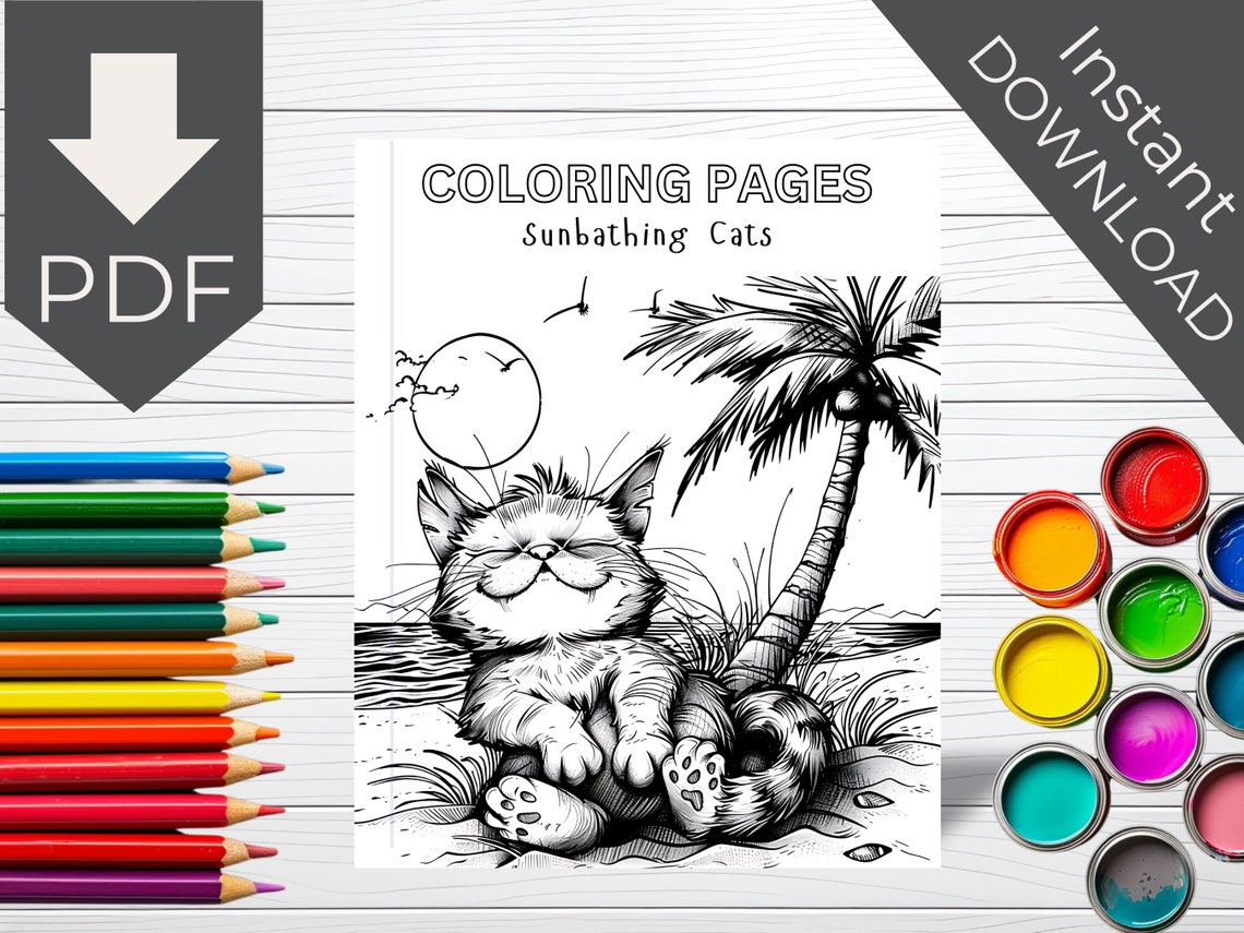 Sun Bathing Cats Coloring Pages. Funny Cat. Relaxation. Beach, Summer ...