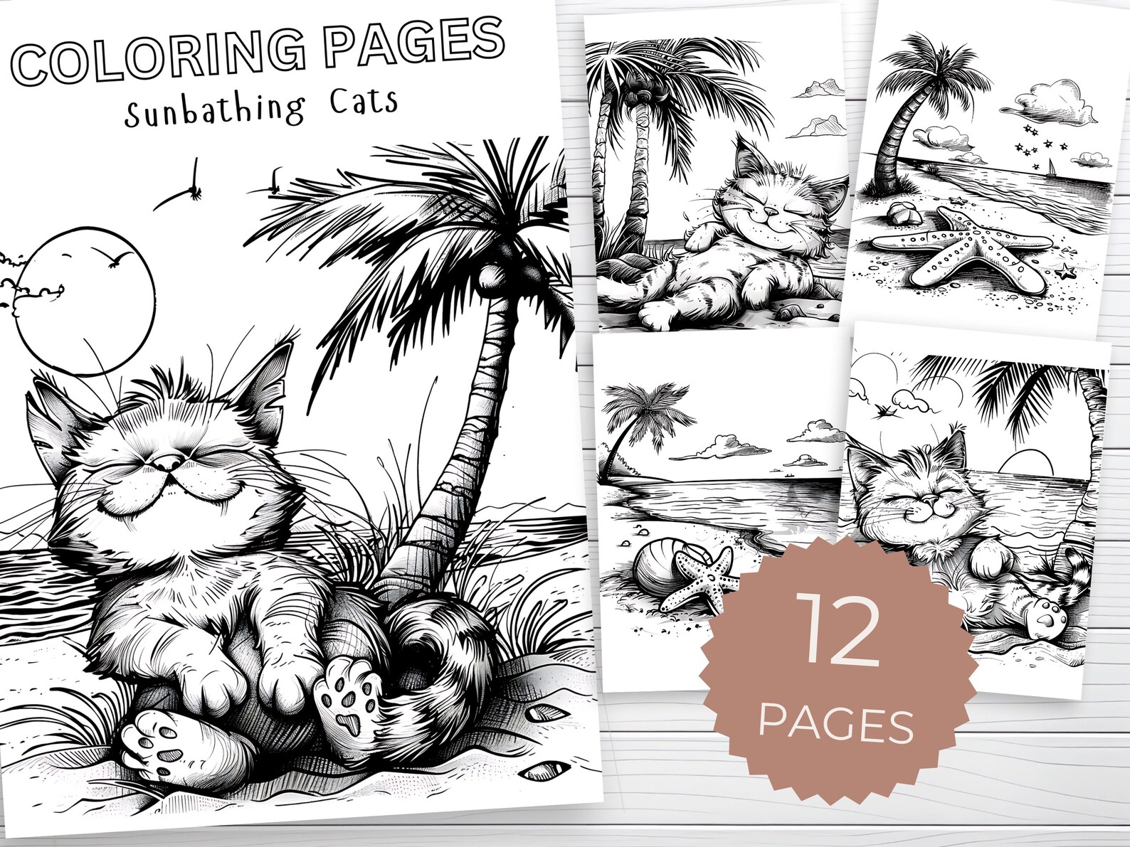 Sun Bathing Cats Coloring Pages. Funny Cat. Relaxation. Beach, Summer ...