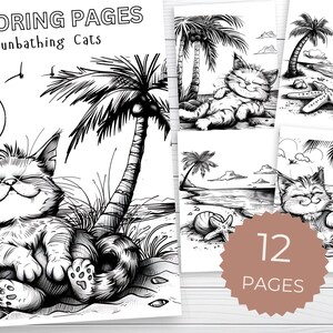 Sun Bathing Cats Coloring Pages. Funny Cat. Relaxation. Beach, Summer ...