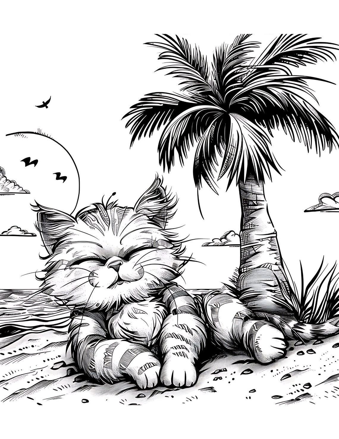Sun Bathing Cats Coloring Pages. Funny Cat. Relaxation. Beach, Summer ...