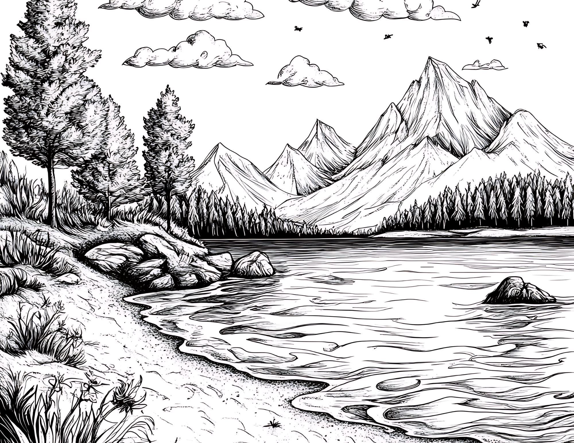 Picturesque Coloring Pages of Lakes and Rivers Mountain Backdrop 11 ...