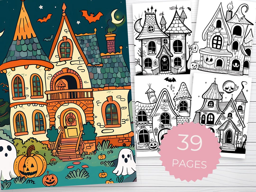 39-page Haunted Houses Coloring Pages for Adults & Kids | Spooky ...