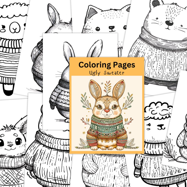 Cute Animals in Ugly Sweaters. Coloring Pages for Kids and Adults ...