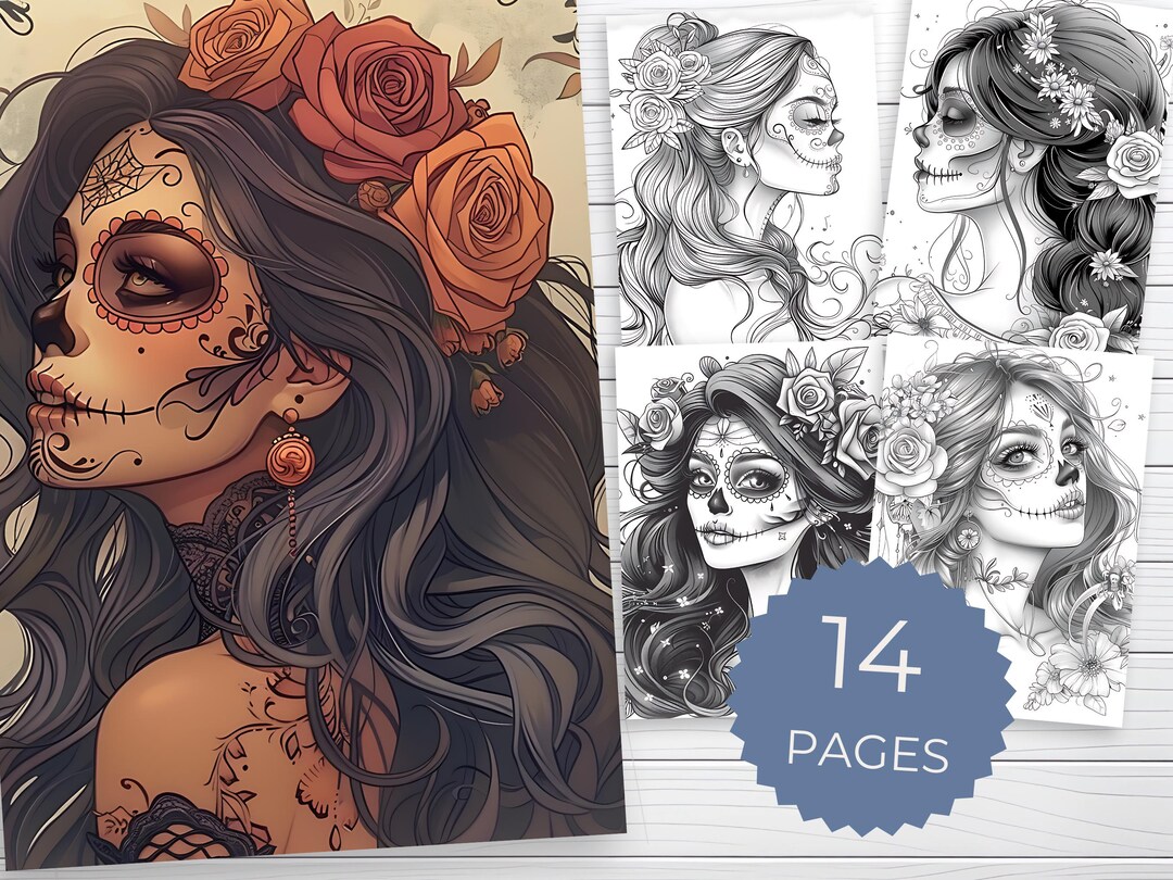 La Catrina Grayscale Coloring Pages | 14 Dia De Muertos Images | Adult ...
