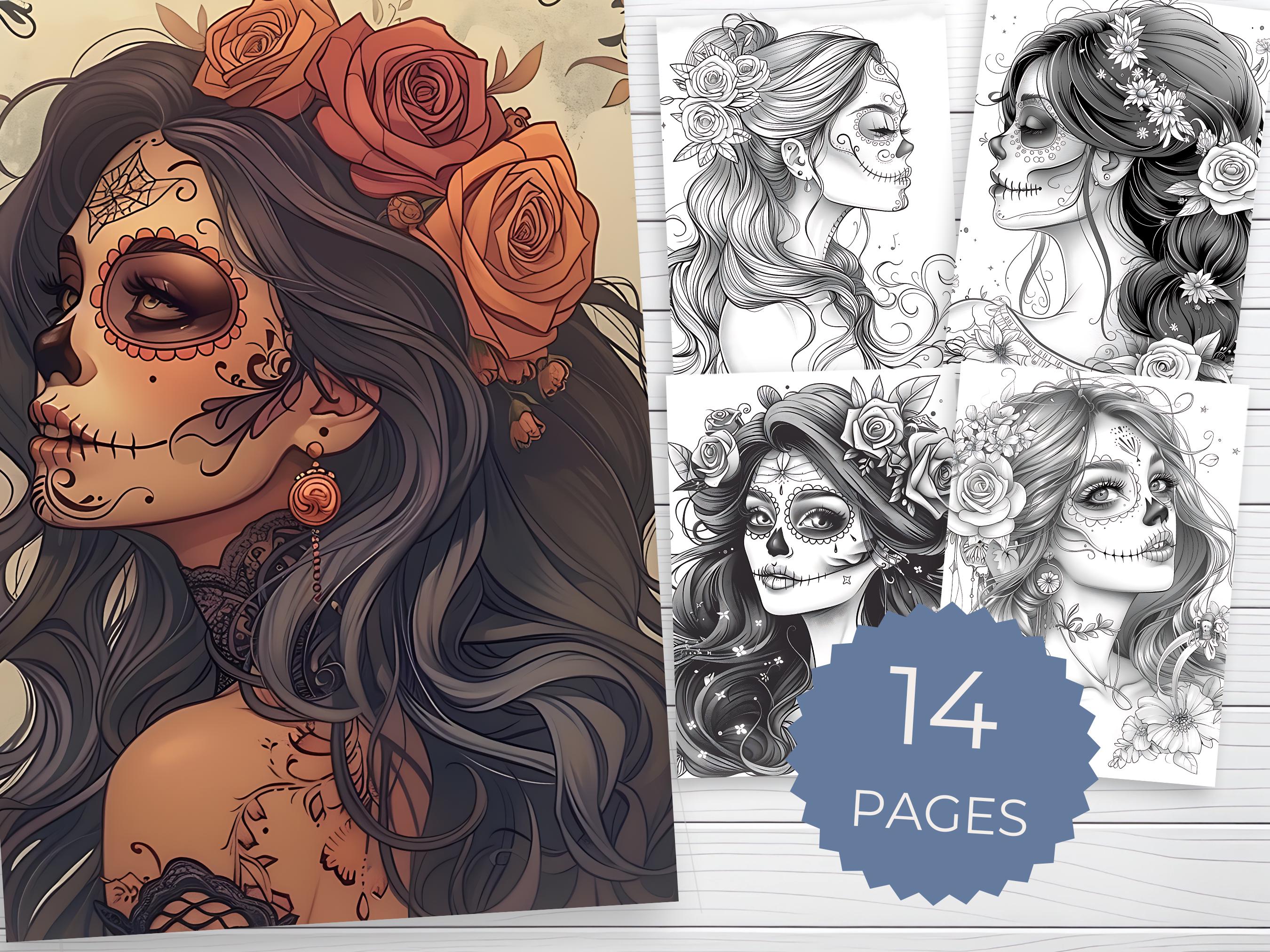 La Catrina Coloring Pages | 14 Dia De Muertos Grayscale Images (PDF ...