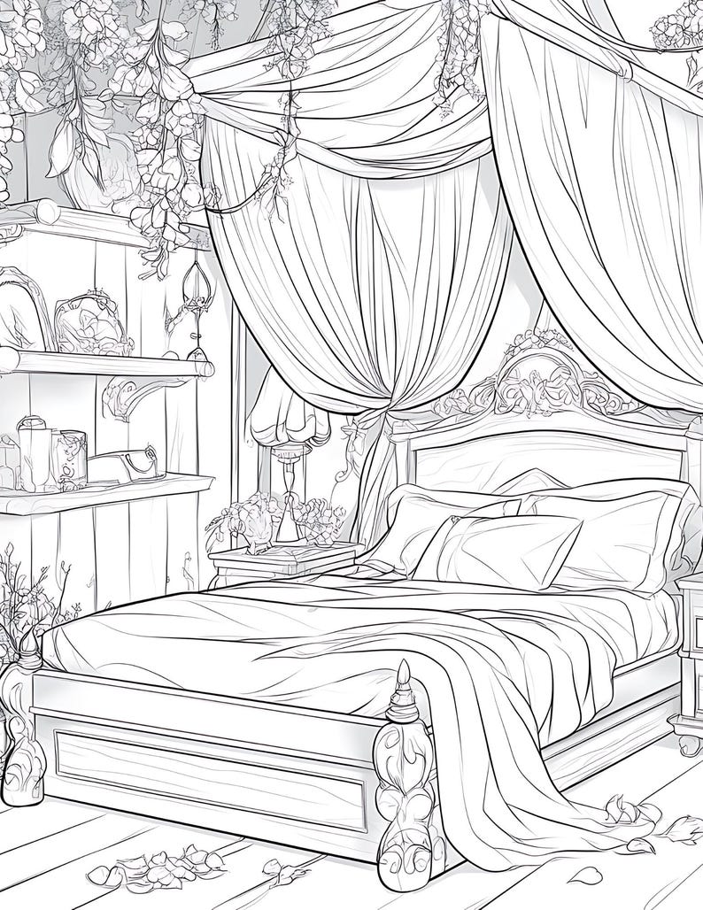 Dreamy Bedroom Coloring Pages | Floral, Fantasy Art (PDF) - Etsy