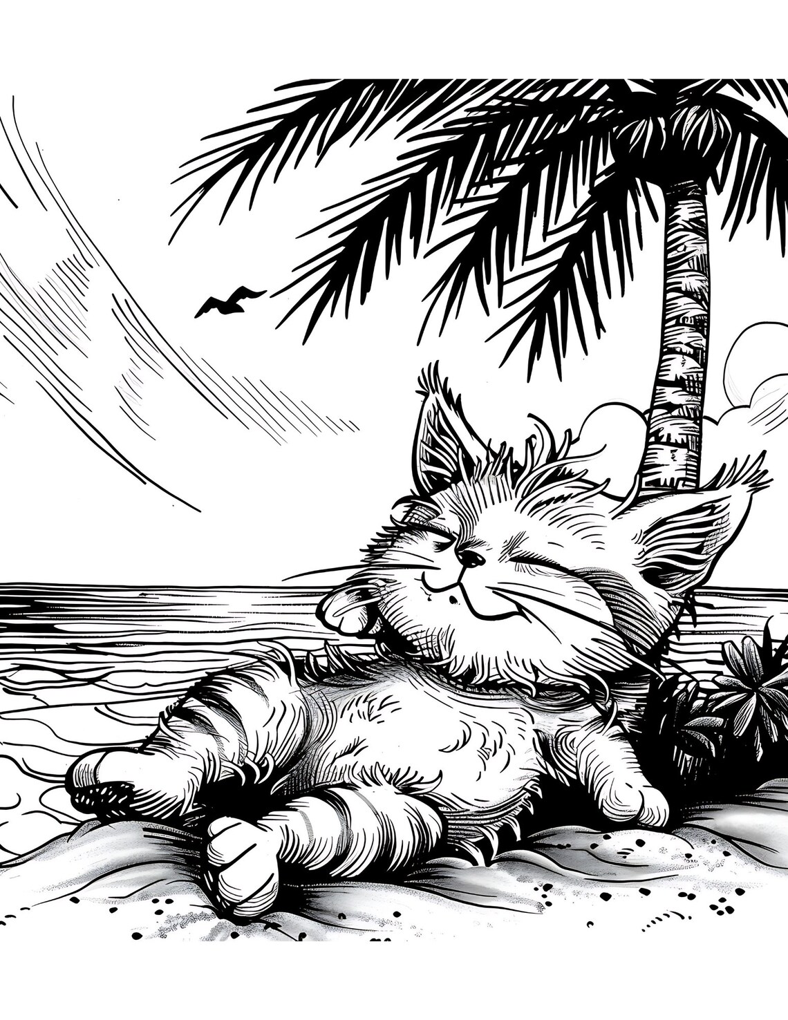 Sun Bathing Cats Coloring Pages. Funny Cat. Relaxation. Beach, Summer ...