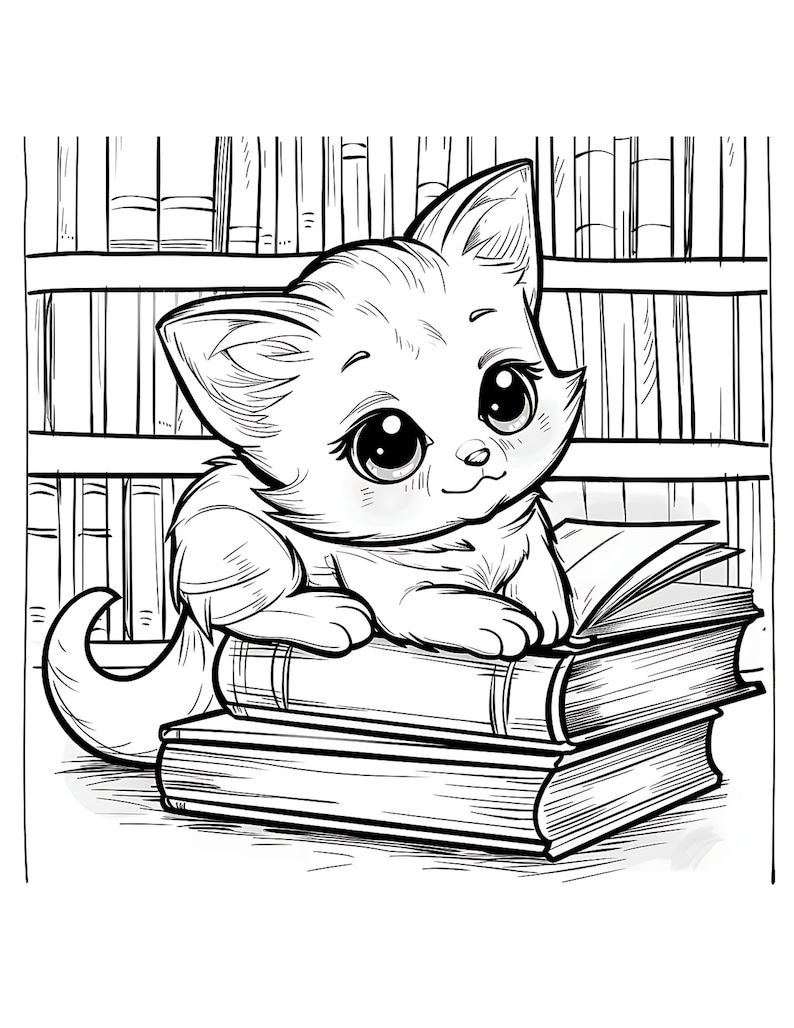 Printable Coloring Pages. Adorable Kittens Sitting on Books. Cats in a ...