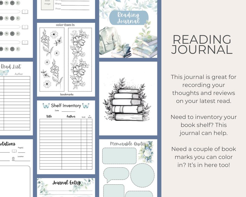 Reading Journal. PDF Download. Printable Journal. Reading Tracker. Book ...