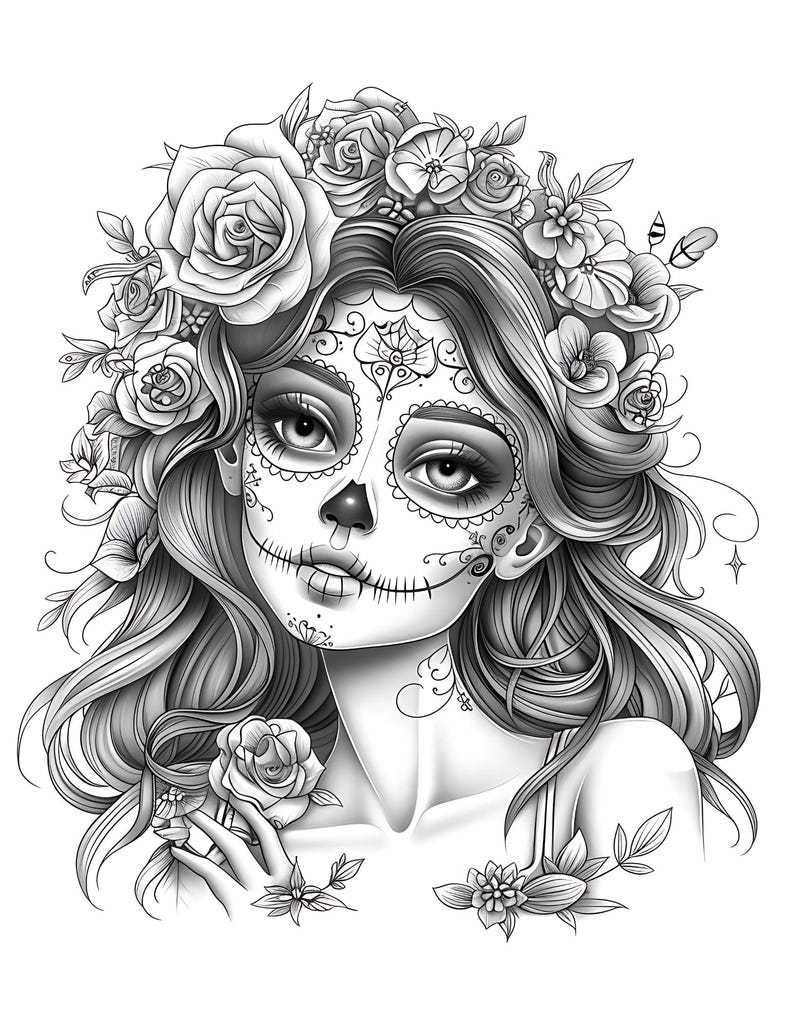 La Catrina Coloring Pages | 14 Dia De Muertos Grayscale Images (PDF ...