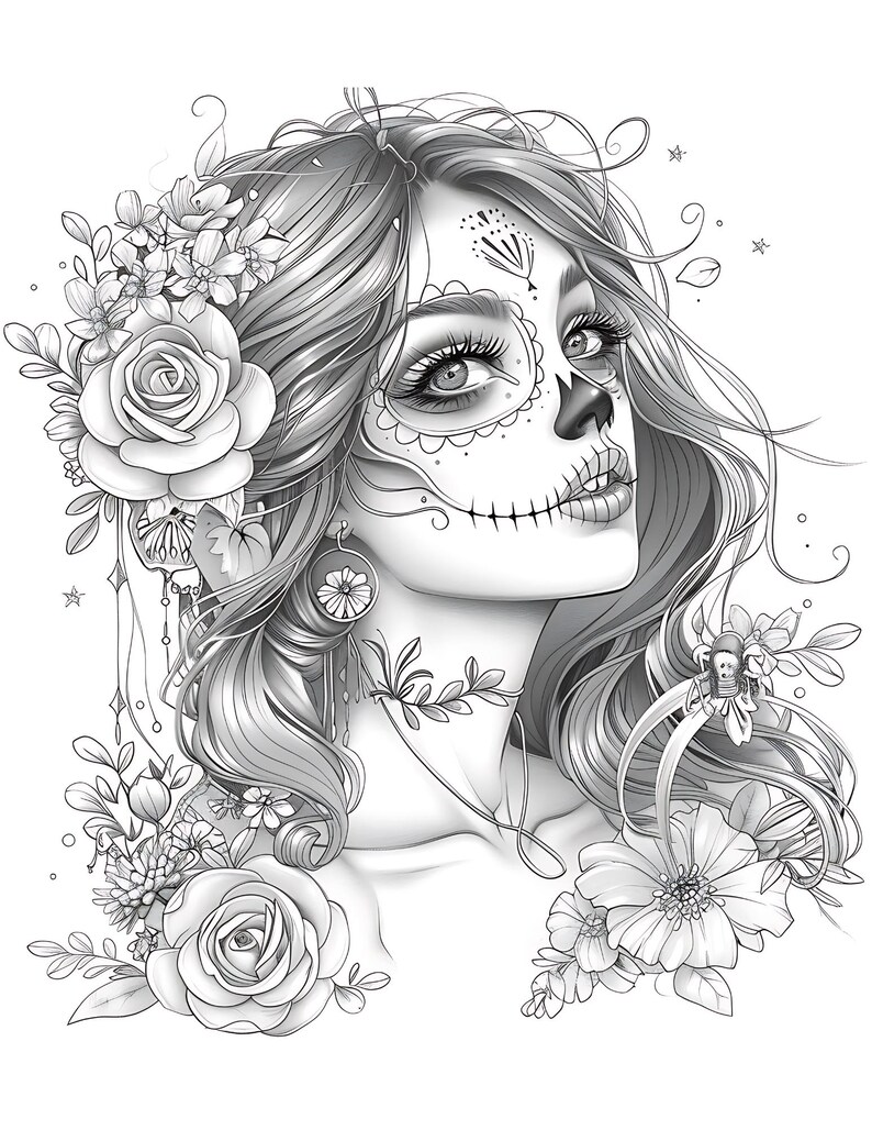 La Catrina Coloring Pages | 14 Dia De Muertos Grayscale Images (PDF ...