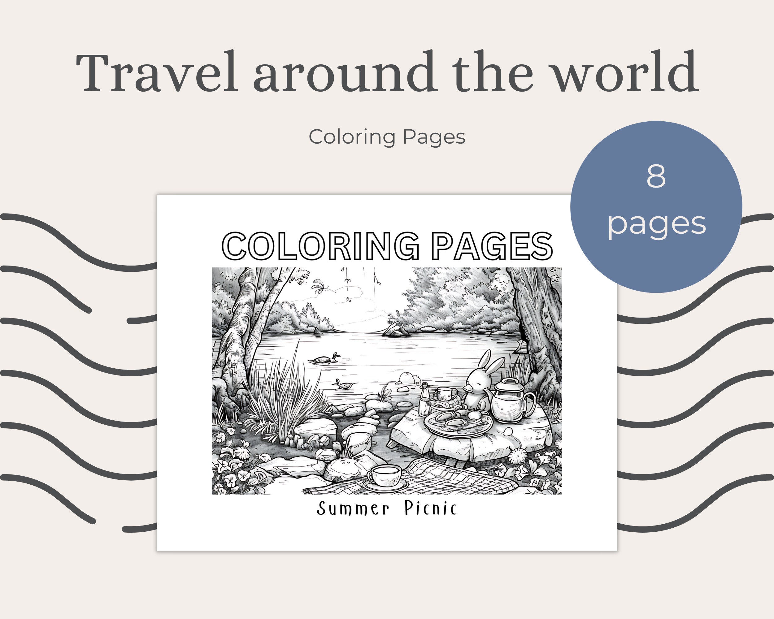 Summer Picnic Lake Coloring Pages, Peaceful Landscape (PDF Download) - Etsy