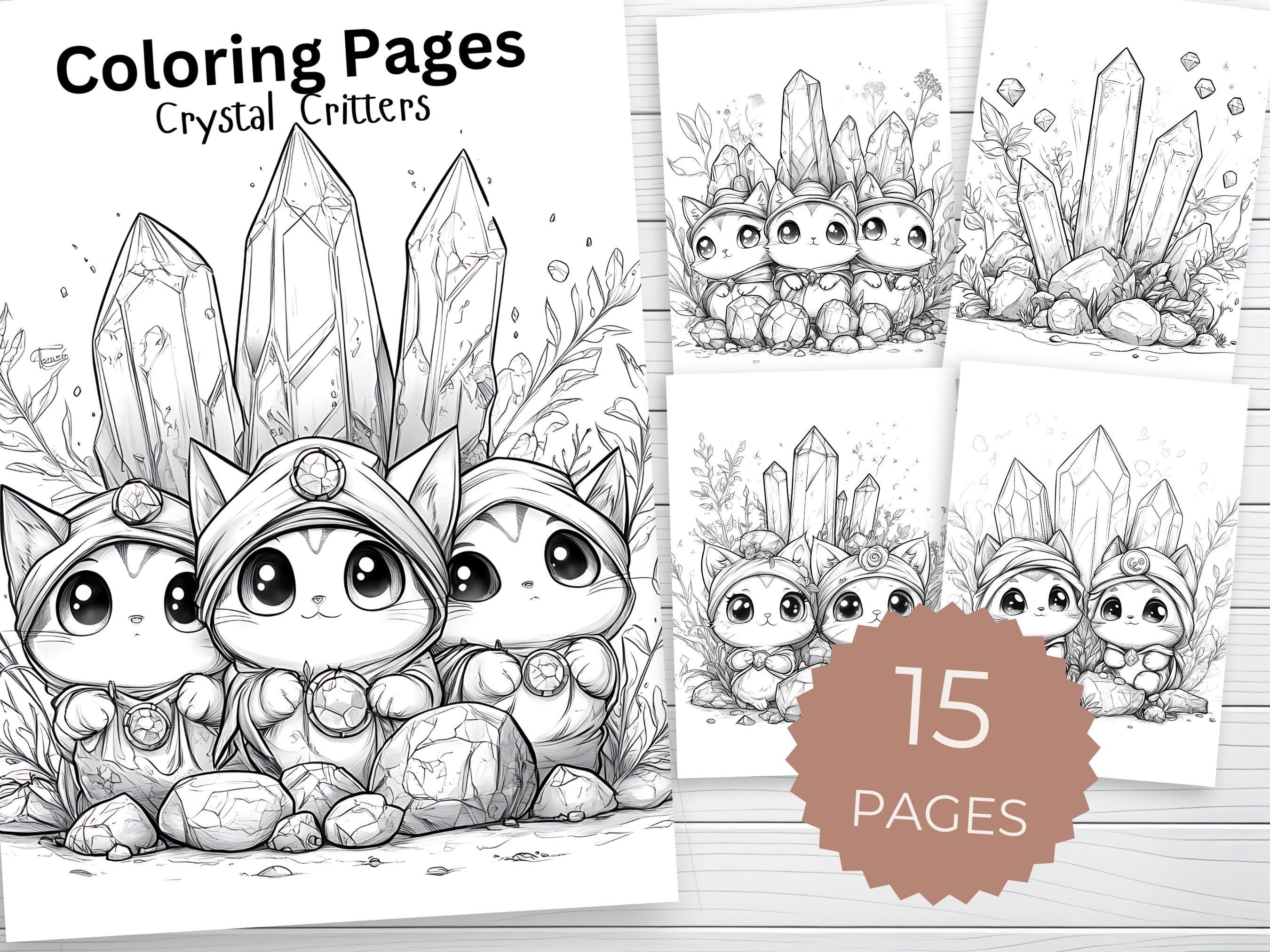 Fantasy Crystal Critters Coloring Pages | Grayscale Chibi Art (PDF) - Etsy