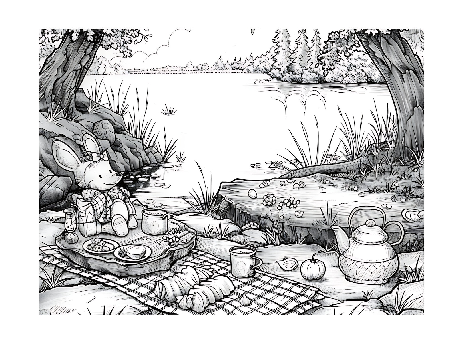 Picnic by a Lake Coloring Pages. Summer Picnic Coloring Pages. Peaceful ...