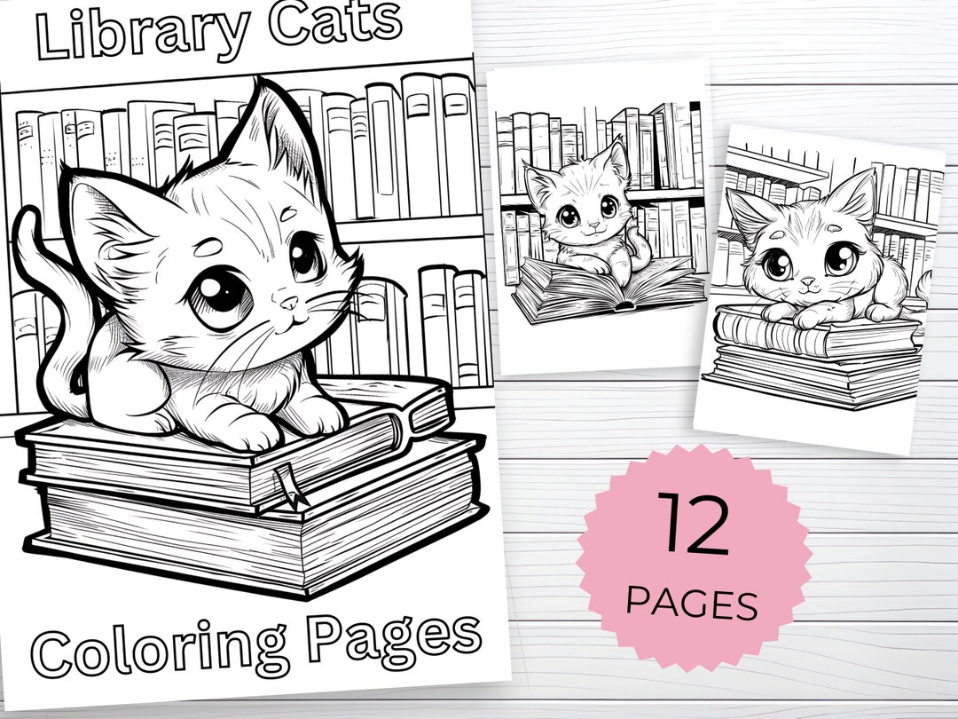 Library Cats Coloring Pages. Adorable Kittens Sitting on Books. Cats in ...