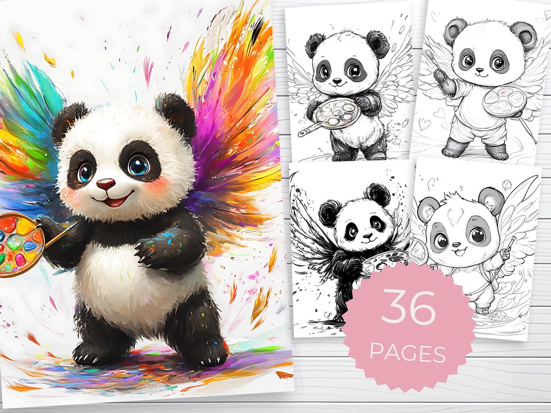 Winged Artsy Panda Coloring Pack | Adorable Artist Panda | Angel Panda ...