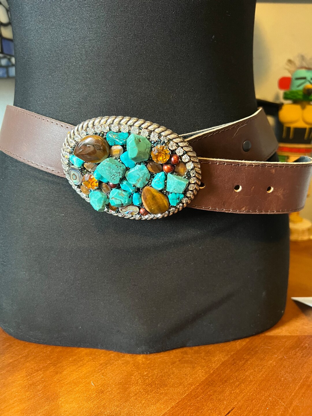 Douglas Cloutier Size 34 Belt With Chunky Turquoise and Crystal Buckle ...