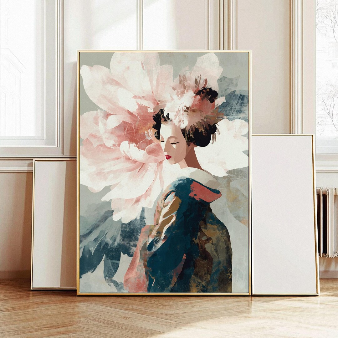 Geisha Oil Painting Art Print, Digital Download Poster Floral Pastel ...