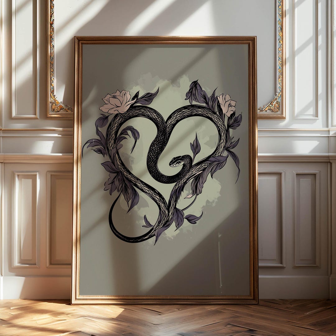 Heart Shape Printable Art, Snake Floral Botanical Illustration, Grey ...