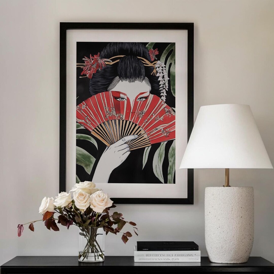 Geisha Eye Art Print: Japanese Red Fan Wall Decor (digital Download ...