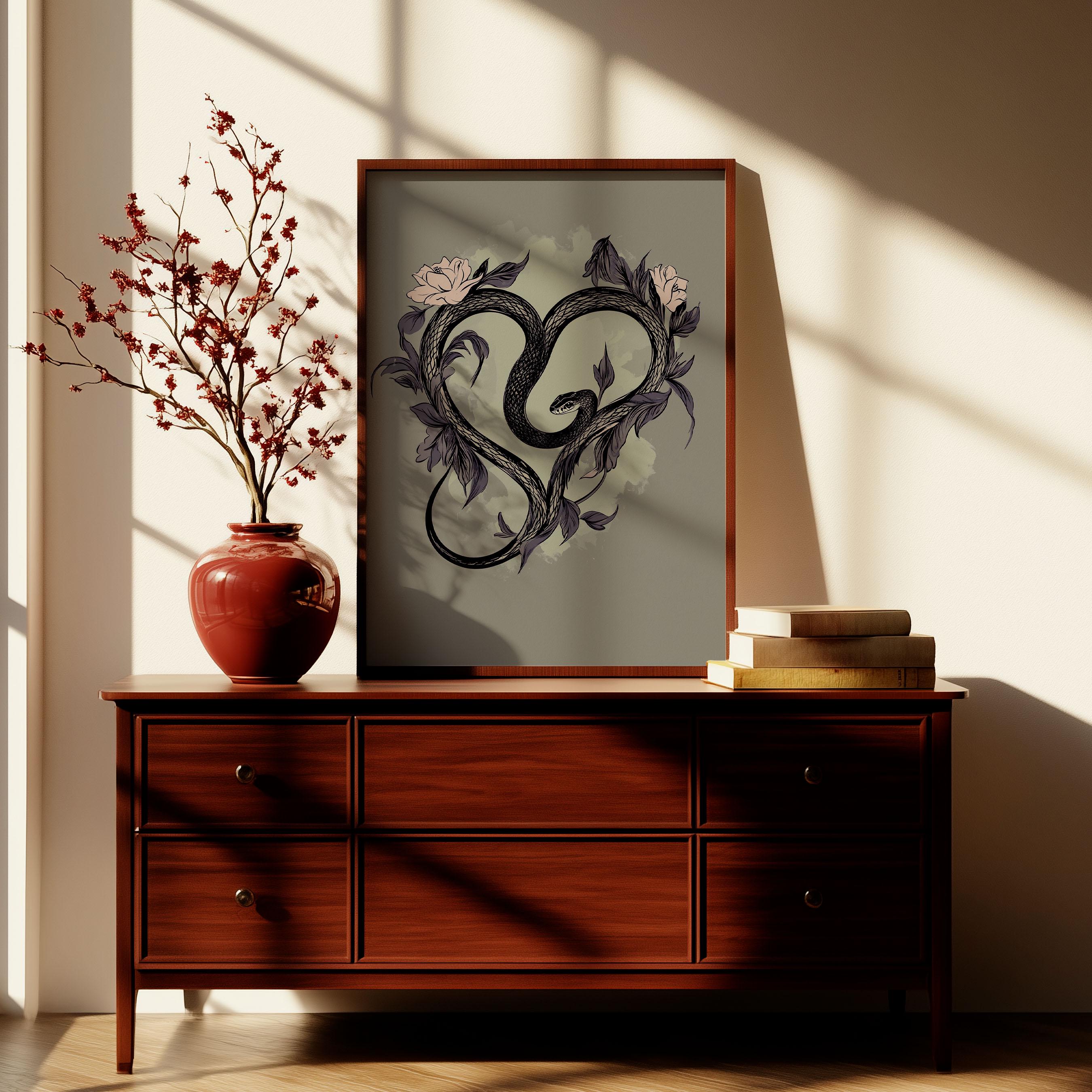 Heart Shape Printable Art, Snake Floral Botanical Illustration, Grey ...