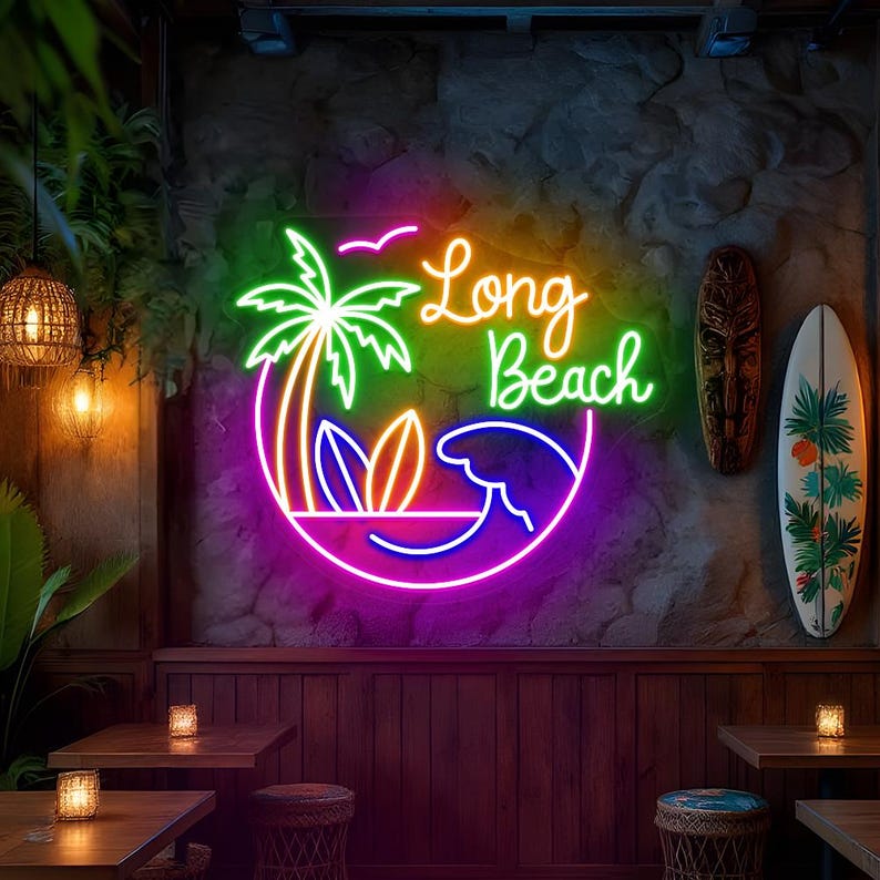 Long Beach Neon Sign, Summer Neon Light, Beach Palm Tree Summer Party ...