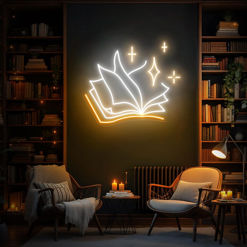 Book Neon Sign, Reading Lover LED Light, Bookworm Wall Light, Bookstore ...