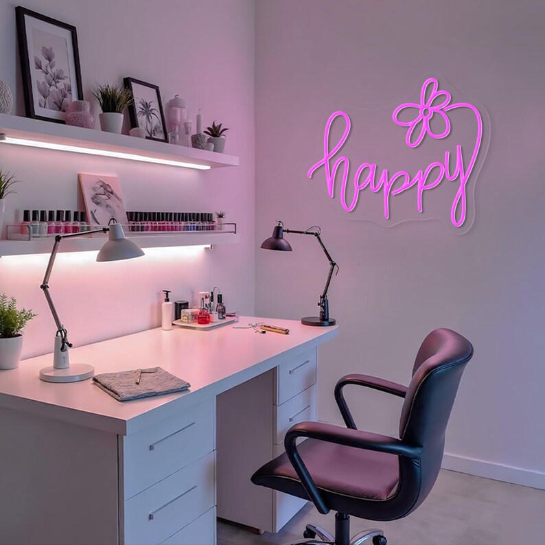 Happy Neon Sign With Flower LED Wall Decor Light for Bedroom Kids Room ...