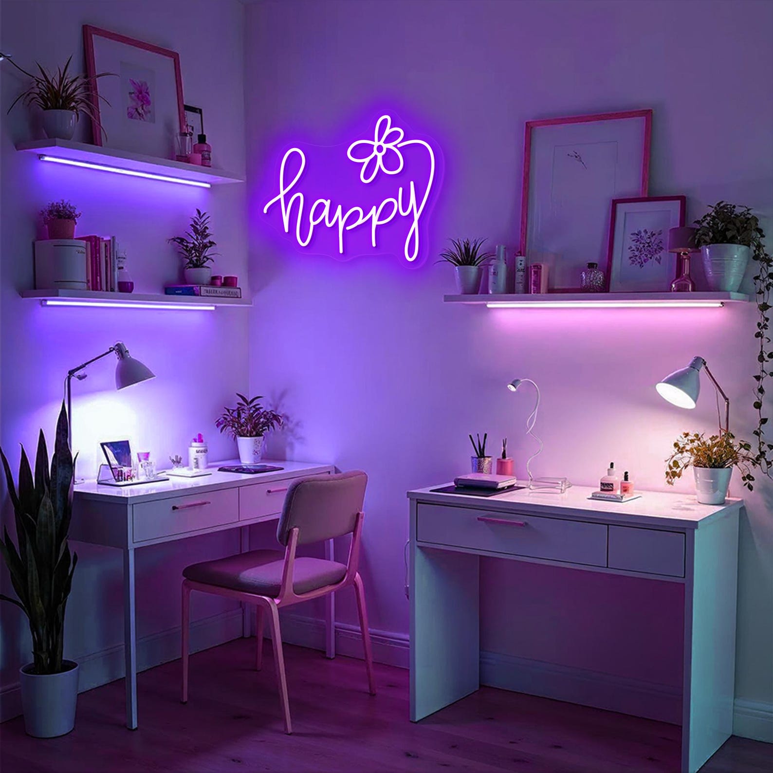 Happy Neon Sign With Flower LED Wall Decor Light for Bedroom Kids Room ...