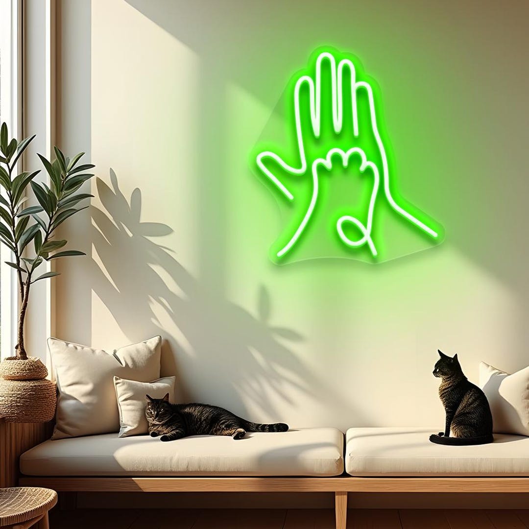 Human Hand and Paw LED Neon Sign, Hand to Paw Neon Light, Pet Memorial ...