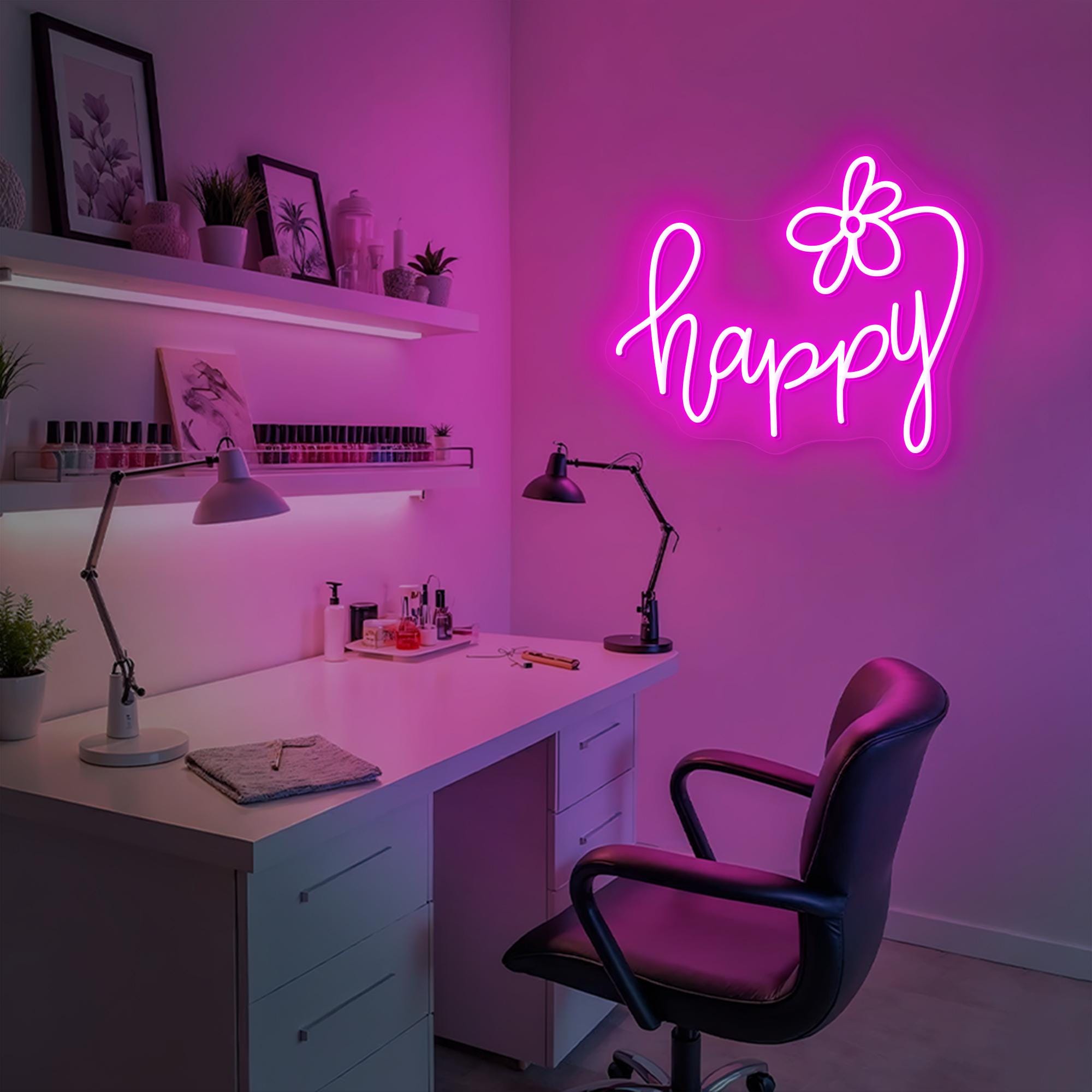 Happy Neon Sign With Flower LED Wall Decor Light for Bedroom Kids Room ...