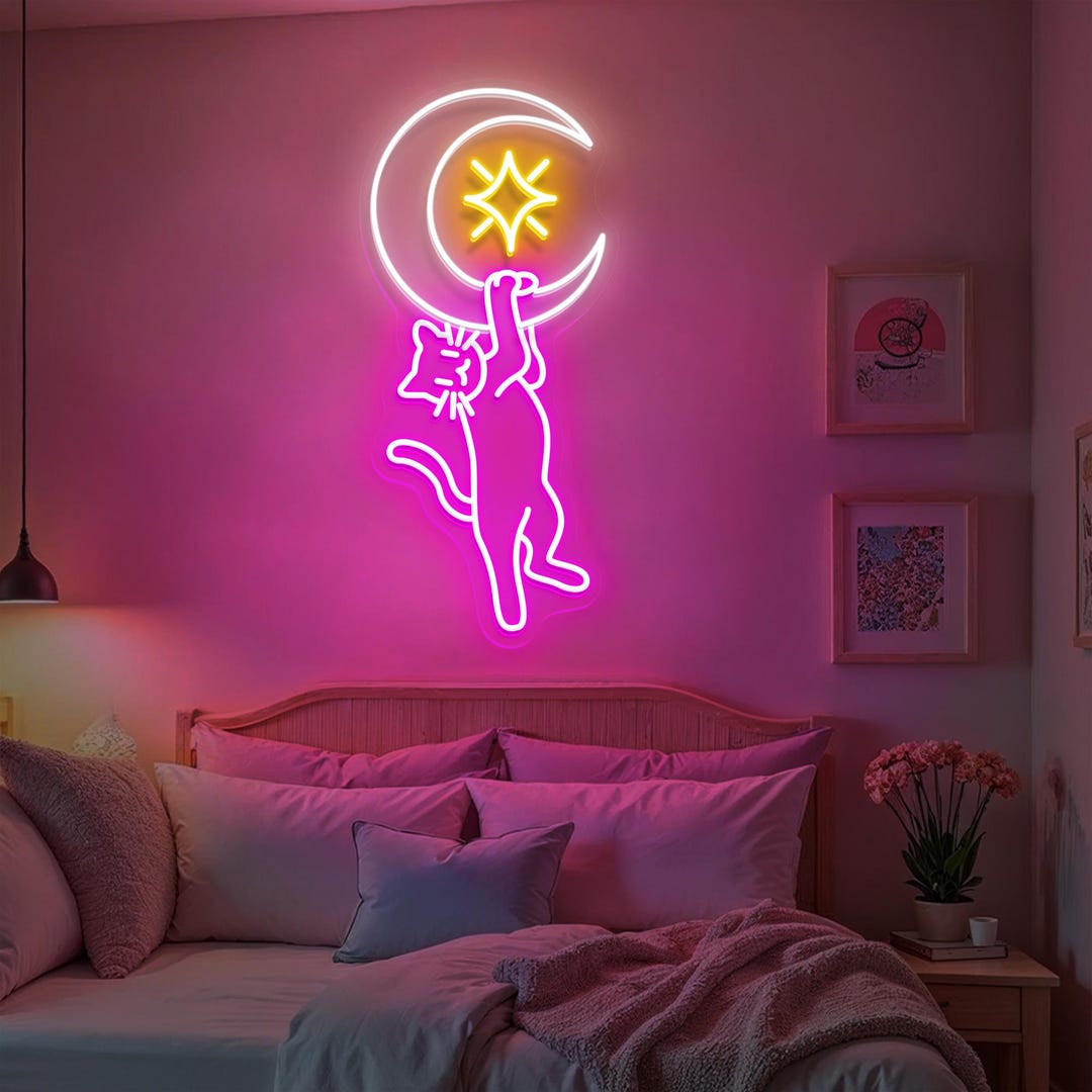 Moon Cat Neon Sign Hanging Cat LED Light Aesthetic Bedroom Wall Art ...