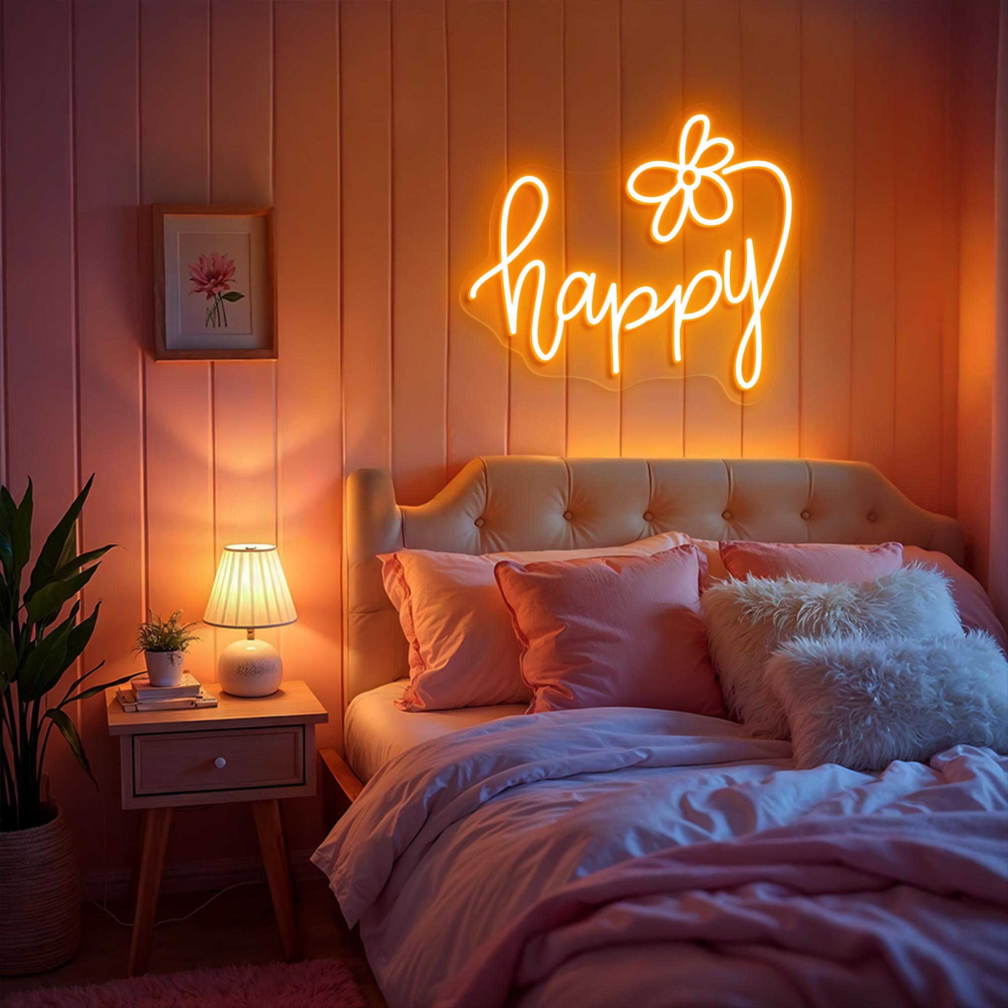 Happy Neon Sign With Flower LED Wall Decor Light for Bedroom Kids Room ...