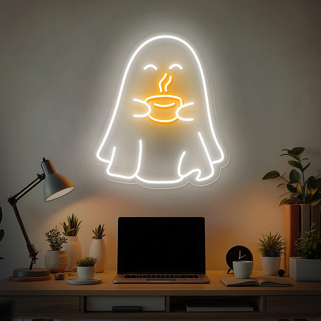 Ghost Drinking Coffee Neon Sign, Spooky Coffee Lover LED Light ...