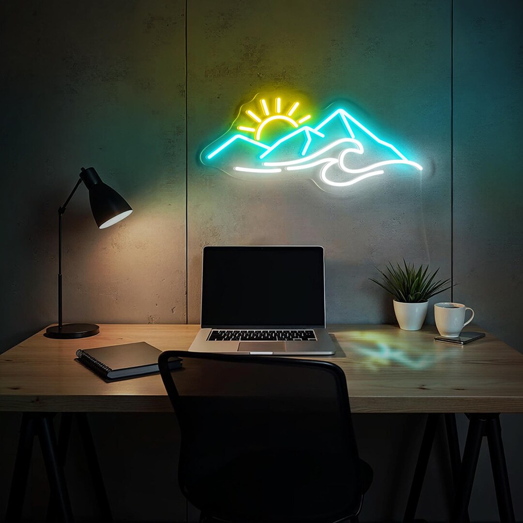 Wave Sunrise Sunset Neon Sign Custom Mountain Sunset Neon Light Ocean ...