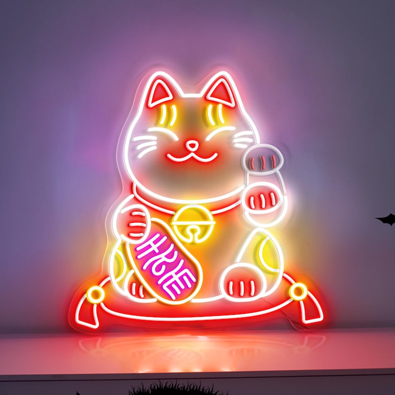 Waving Lucky Cat Neon Sign Animated LED Fortune Cat for Home and ...