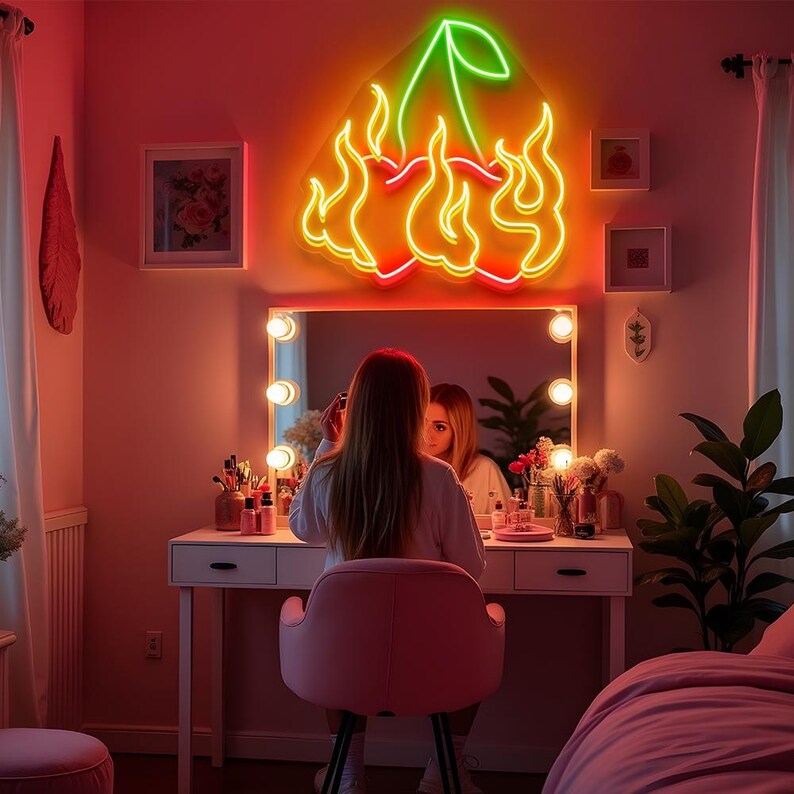 Flaming Cherry Neon Sign Custom Hot Red Cherry LED Sign Wall Art for ...