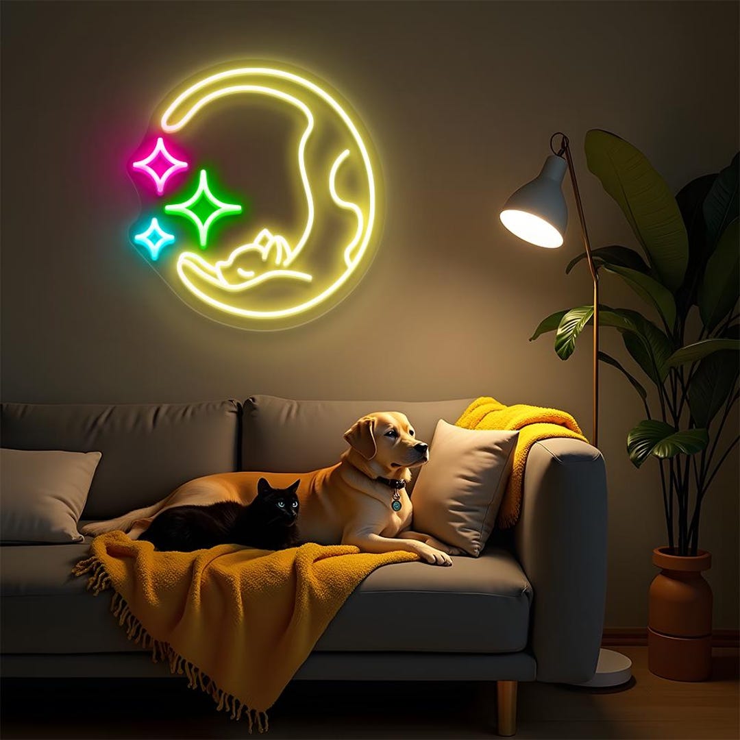 Moon Cat Neon Sign, Cute Cat Led Sign, Cute Moona Cat Neon Light, Cat ...