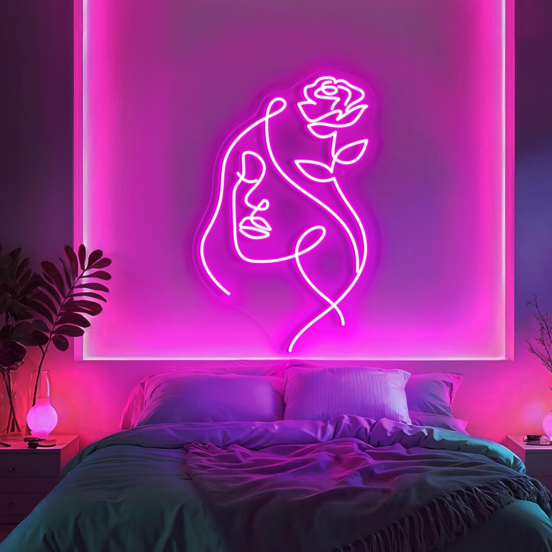 Rose Girl Art Neon Sign Custom Valentine Gifts for Wife Aesthetic Room ...