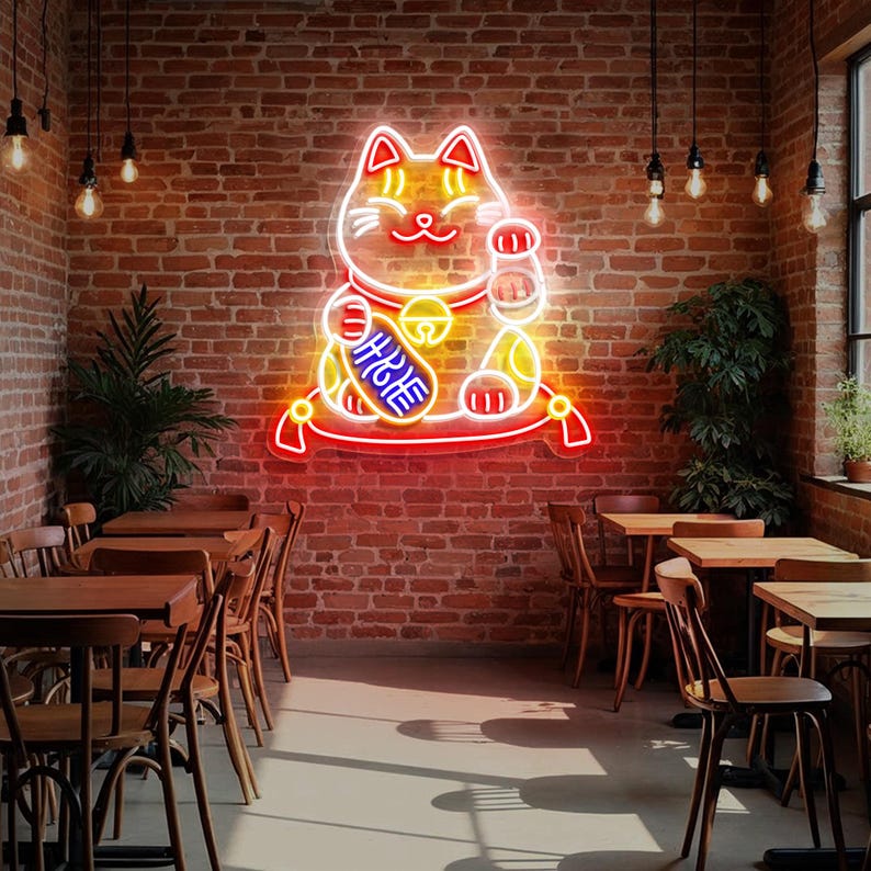 Waving Lucky Cat Neon Sign Animated LED Fortune Cat for Home and ...