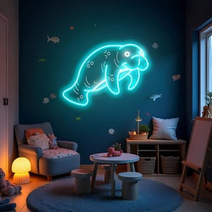 Cute Walrus With Engraved Neon Sign, Walrus Led Sign, Sea Animal Wall ...
