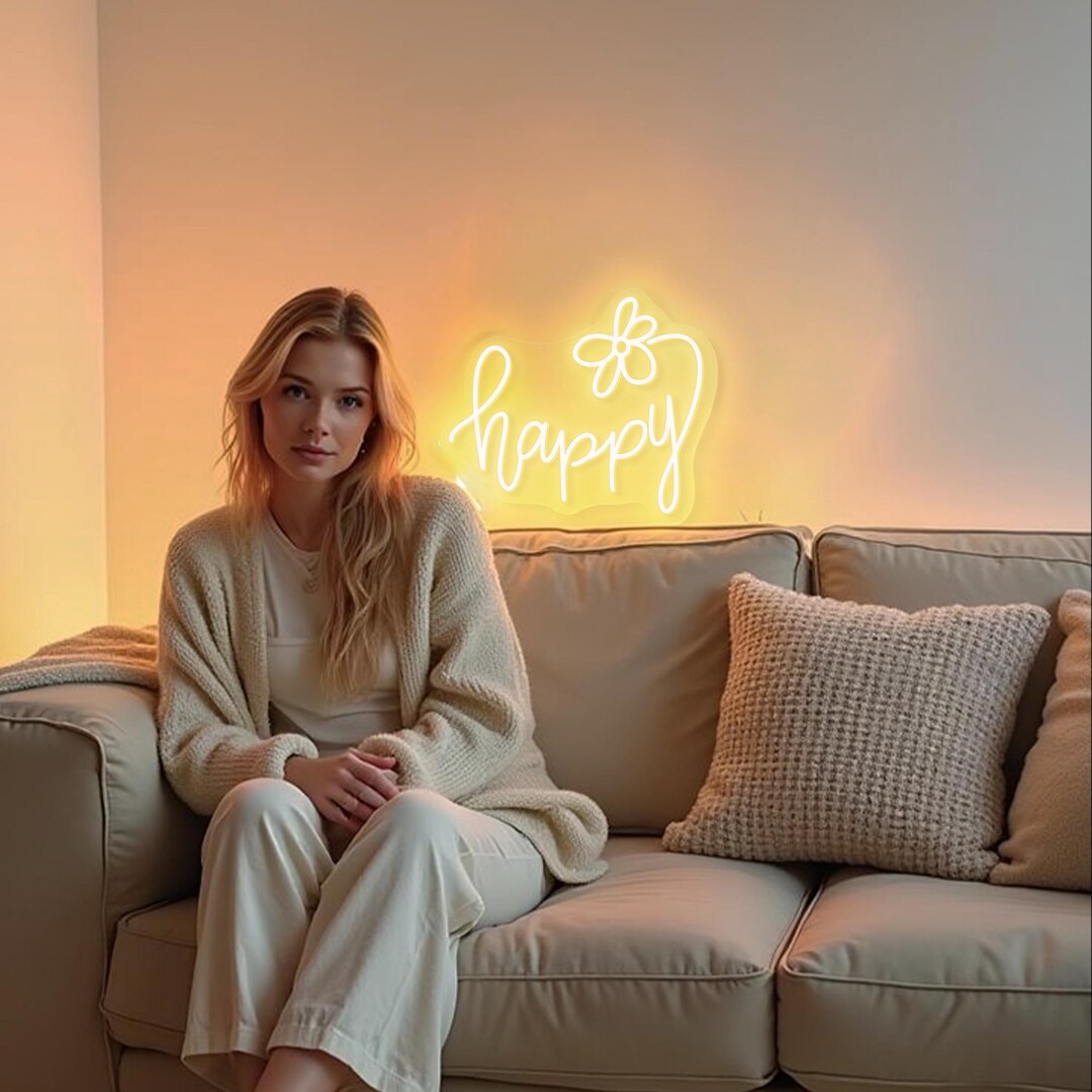 Happy Neon Sign With Flower LED Wall Decor Light for Bedroom Kids Room ...