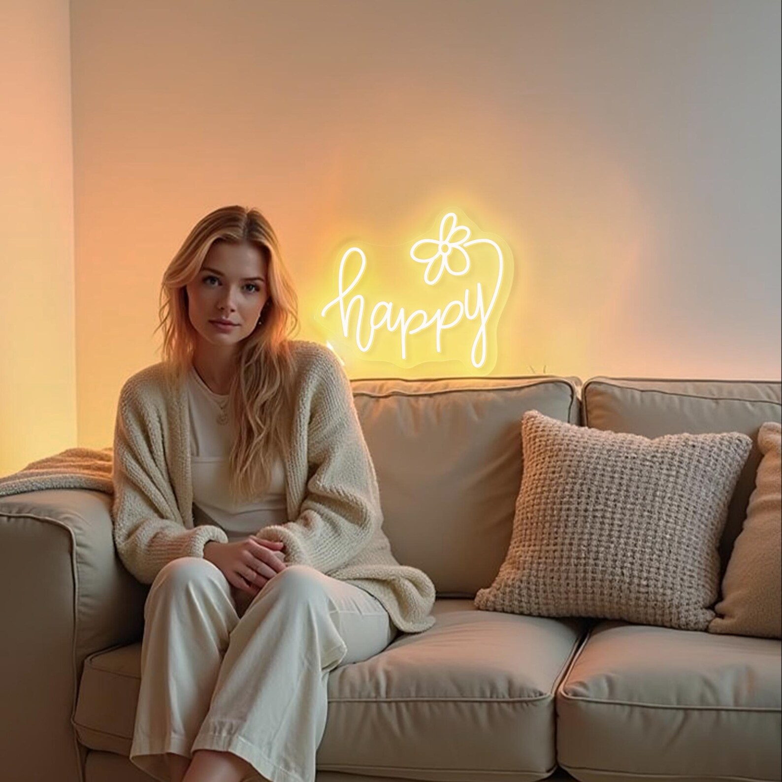 Happy Neon Sign With Flower LED Wall Decor Light for Bedroom Kids Room ...