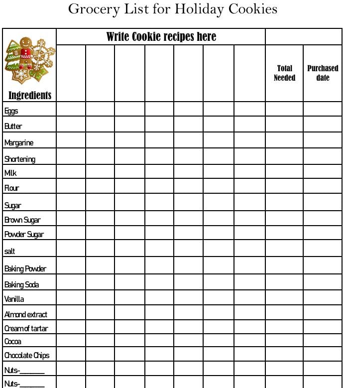 Christmas Cookie Shopping List, Digital Product, Printable, Grocery ...