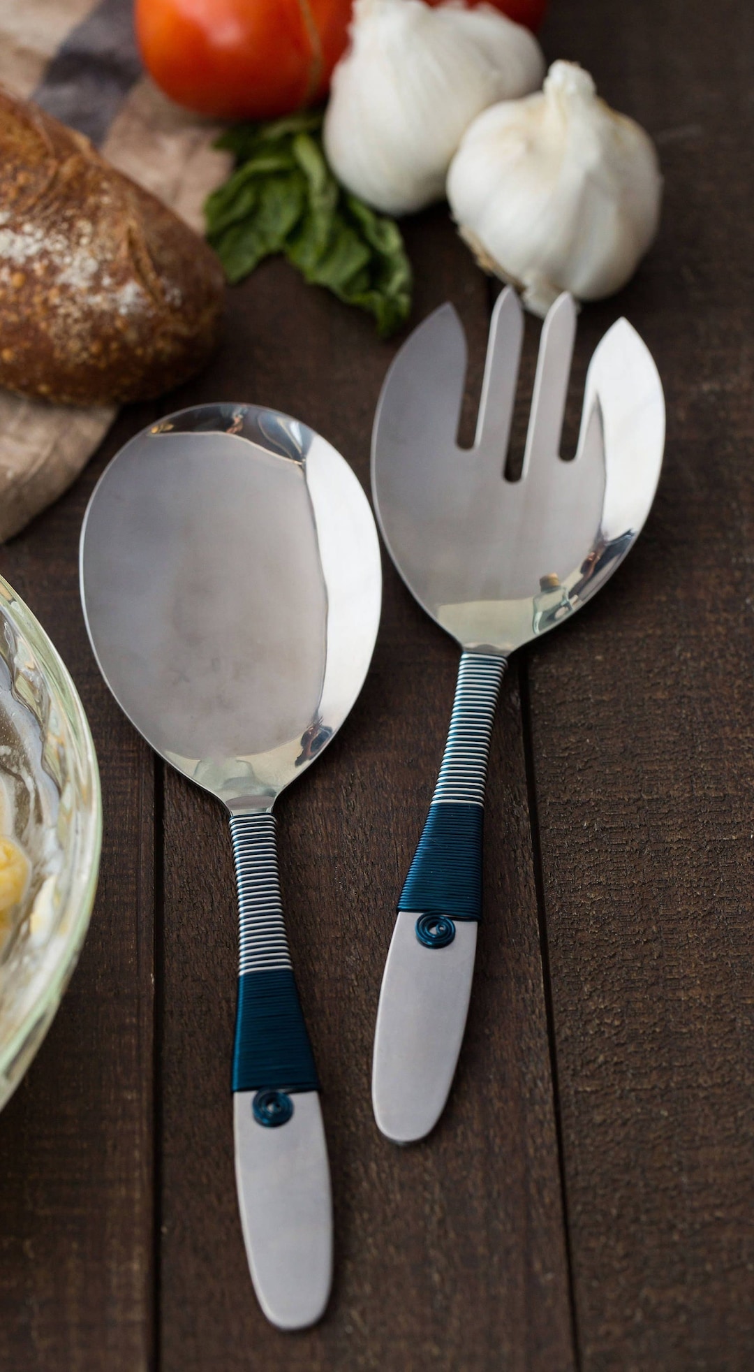 Hostess Gifts - Salad Servers - Pasta Servers - Navy and Silver Kitchen ...