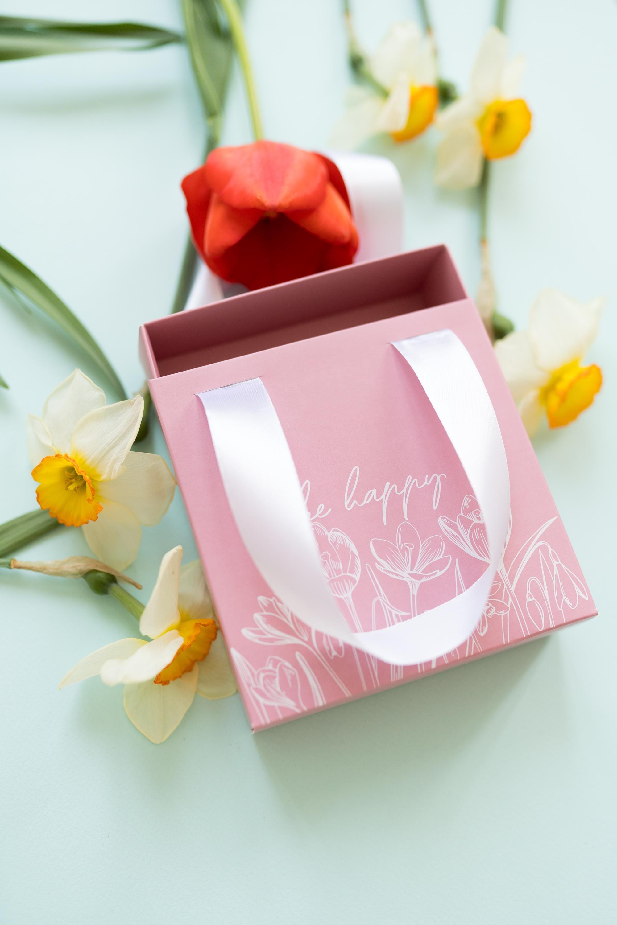 Pink Floral Gift Box, "be Happy" Ribbon Handle, Cardboard Slide Box - Etsy