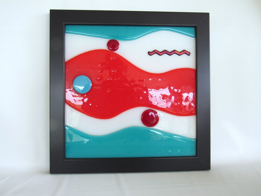 Fused Glass Abstract Art Aqua Blue Orange Wall Art Glass Picture 12 ...