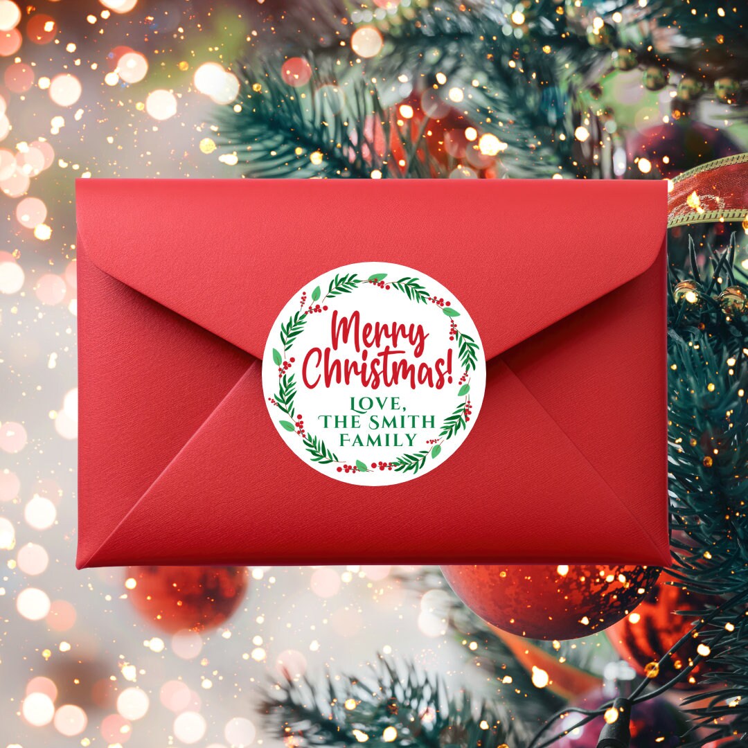 Personalized Christmas Wreath Round Address Label Personalized Round ...