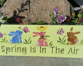 Think Spring Bunny Flower Primitive Block Sign - Etsy